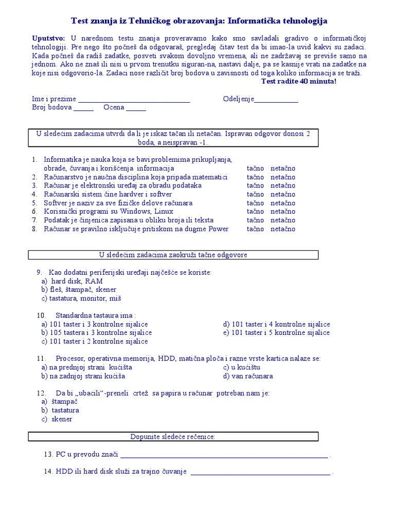 Tehnicko Test Za 5 Razred | PDF