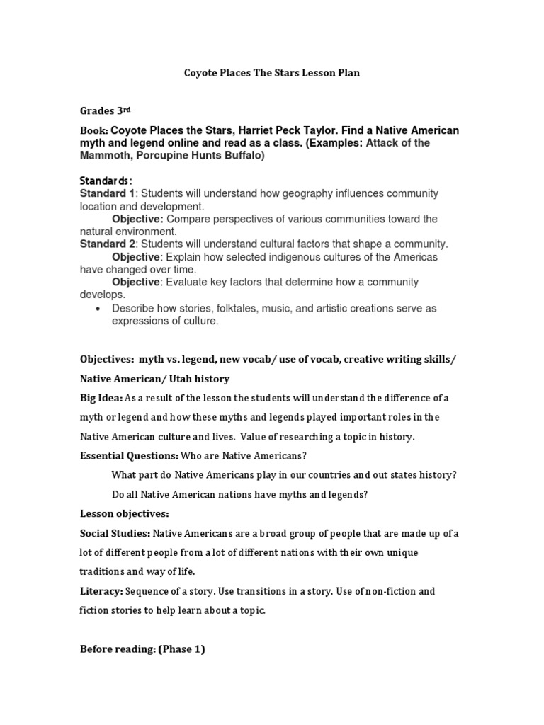 Coyote Places The Stars Lesson Plan | PDF | Traditional Stories | Legends