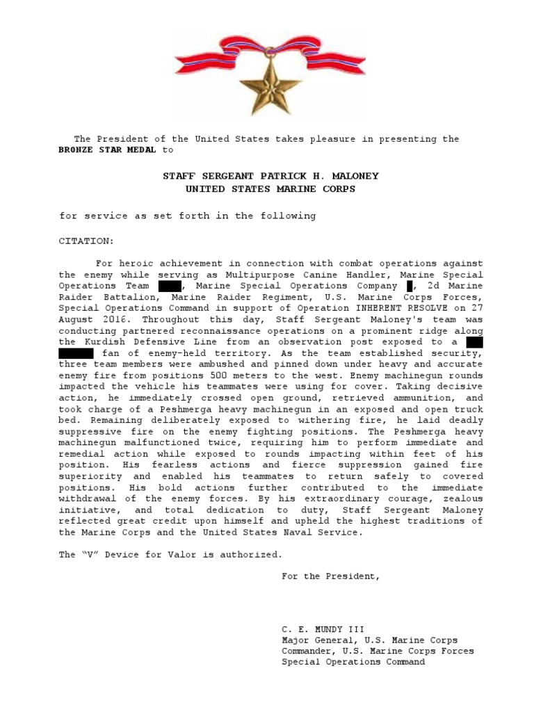 Bronze Medal With Valor Citation For Marine Staff Sgt. Patrick H. Maloney