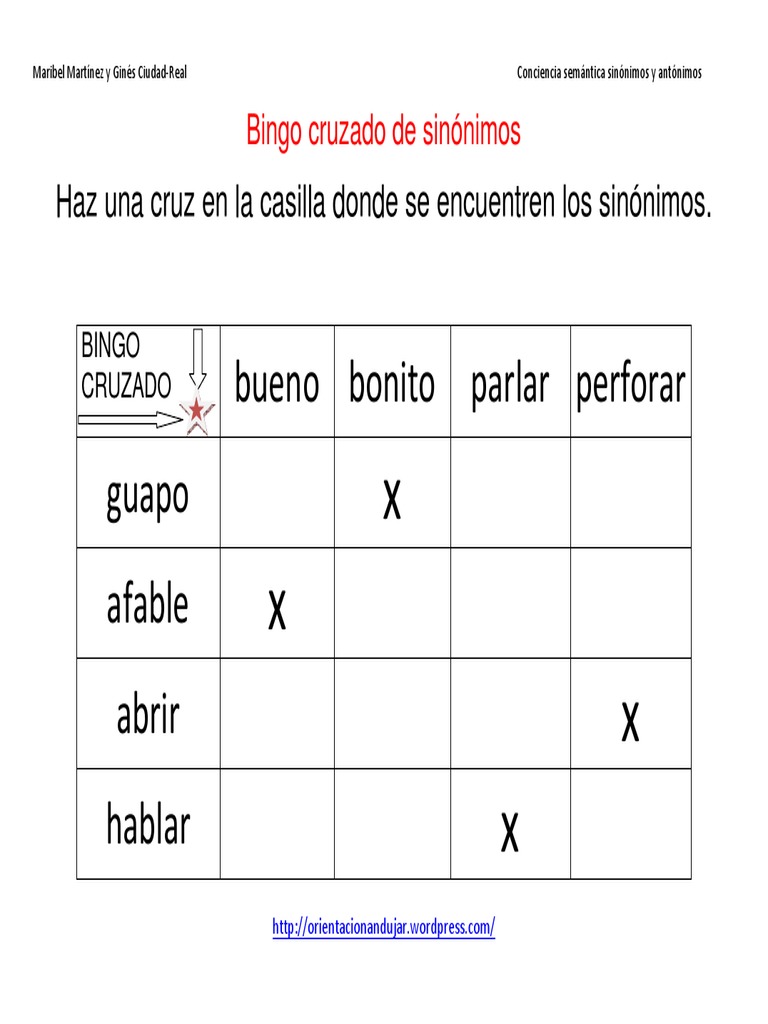 Bingo Cruzado Sinonimos y Actividades Ejemplo Solucionado PDF | PDF | Ocio