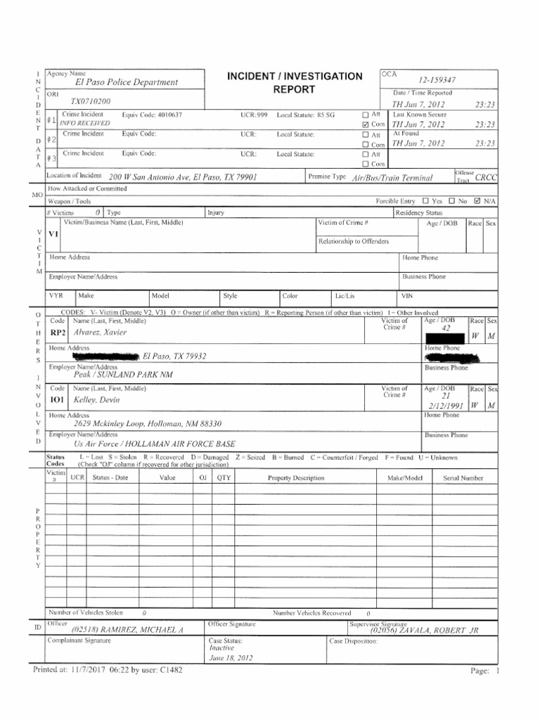 Devin Kelley El Paso Police Incident Report 062012