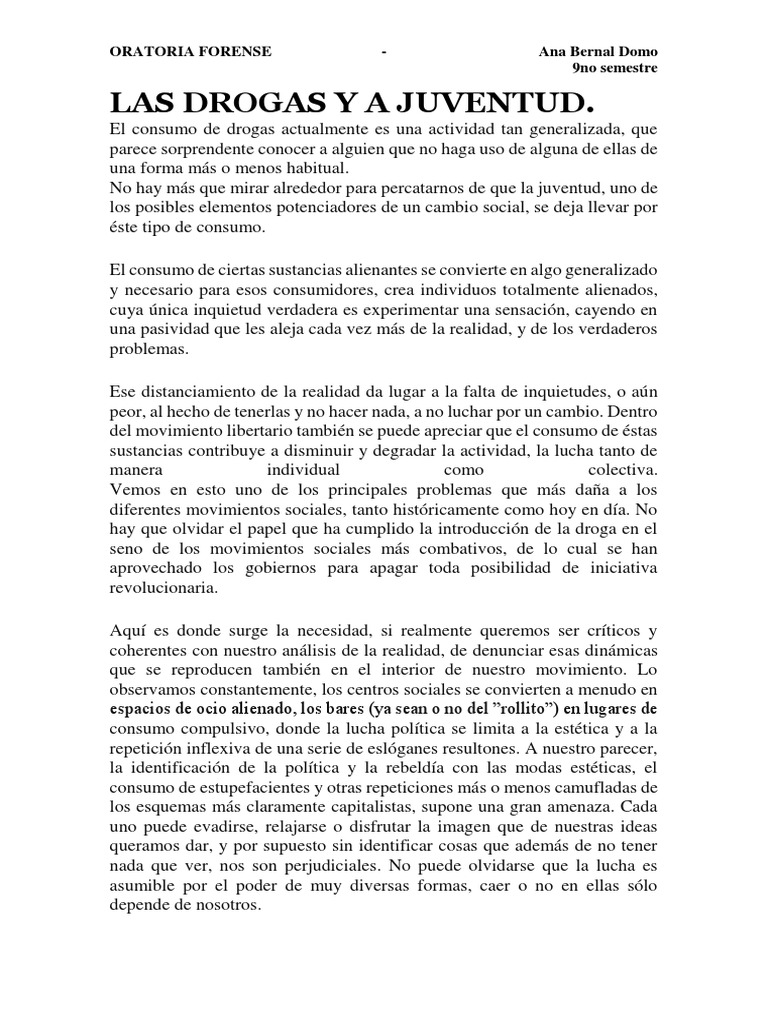 Las Drogas y La Juventud Discurso | Drogas | Consumo (economía)