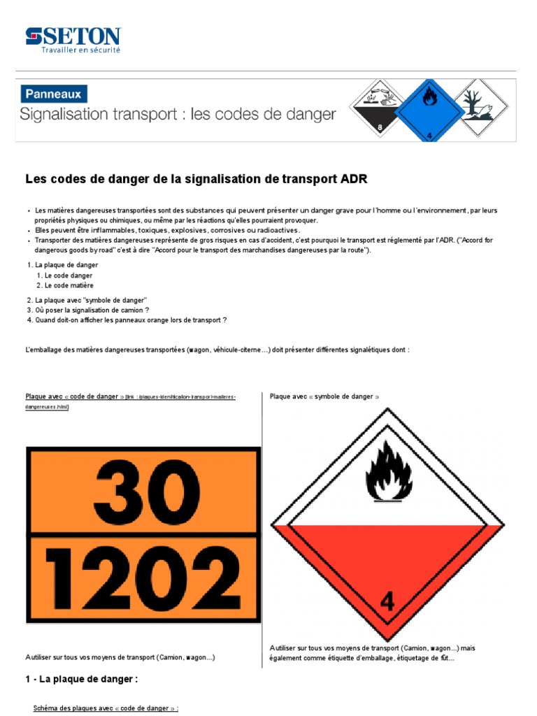 Les Codes de Danger de La Signalisation de Transport ADR - Seton FR ...