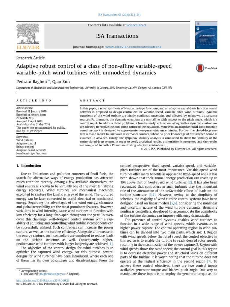Adaptive Robust Control of Variable-Speed Variable-Pitch Wind Turbines | PDF | Wind Power ...