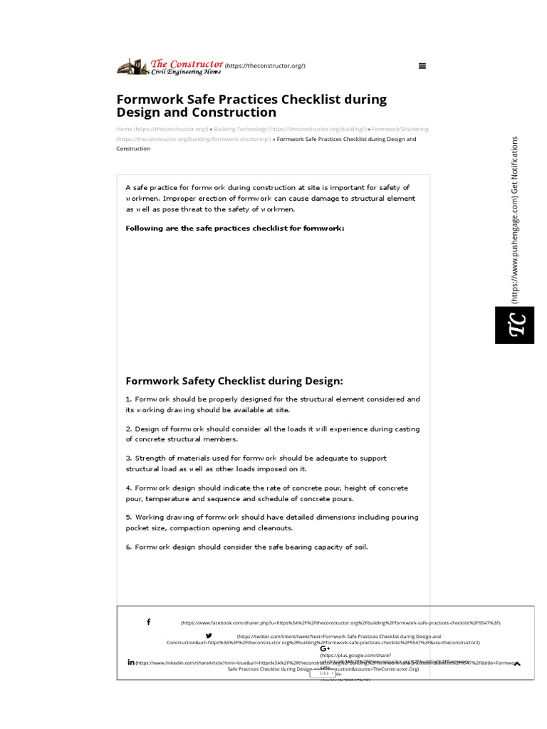 Formwork Safe Practices Checklist During Design and Construction | PDF | Concrete | Composite ...