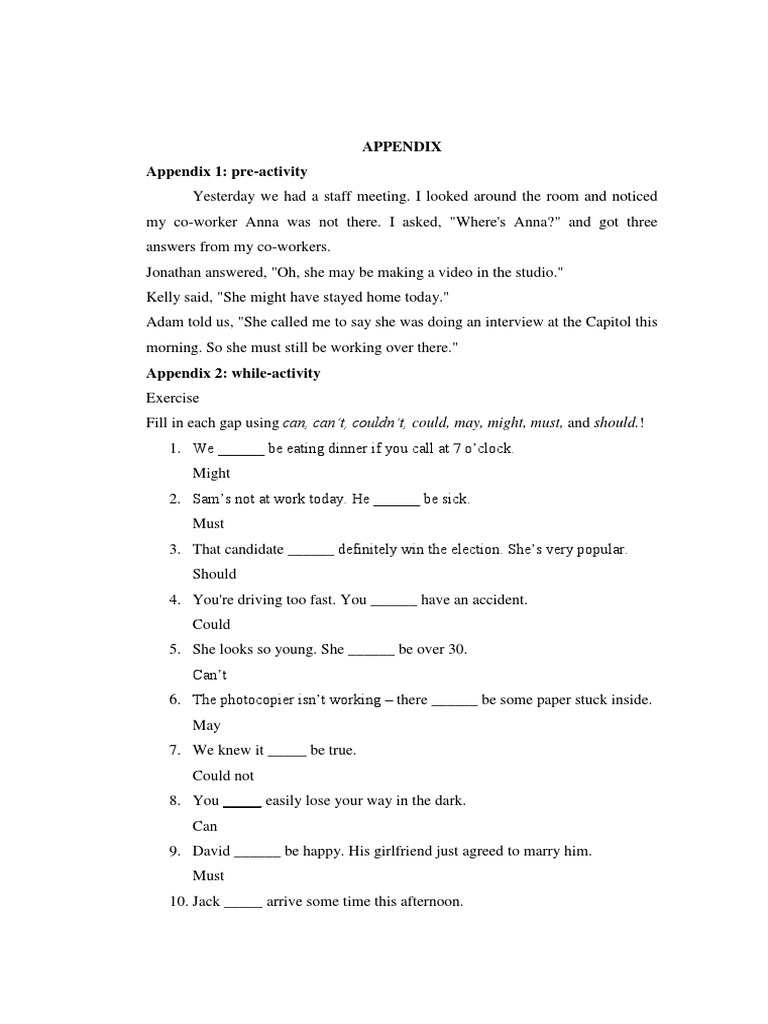 Appendix Appendix 1: Pre-Activity | PDF | Educational Assessment