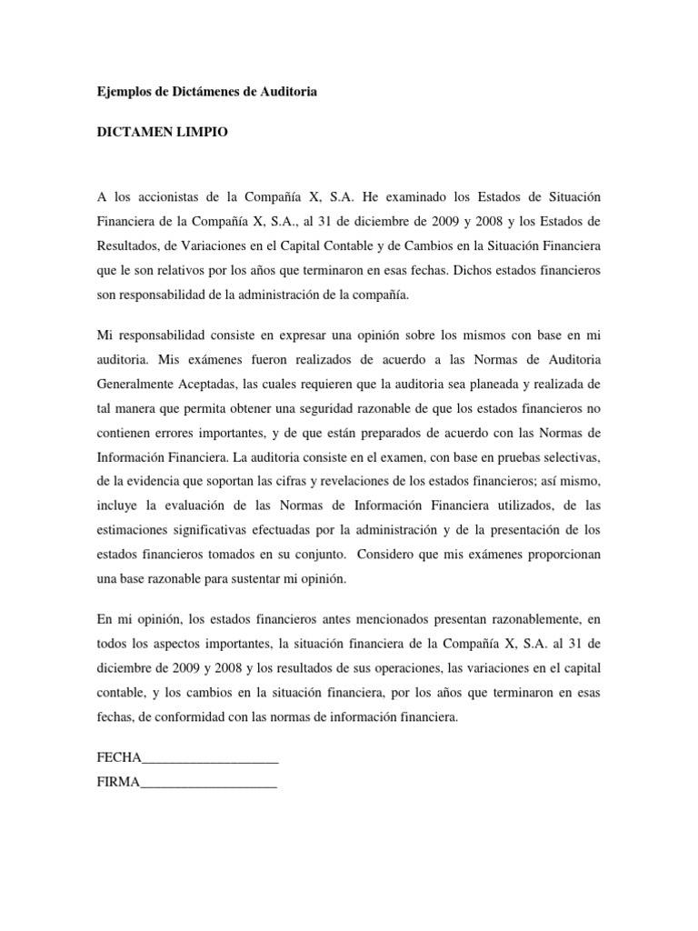 Ejemplos de Dictámenes de Auditoria | PDF | Estado financiero ...