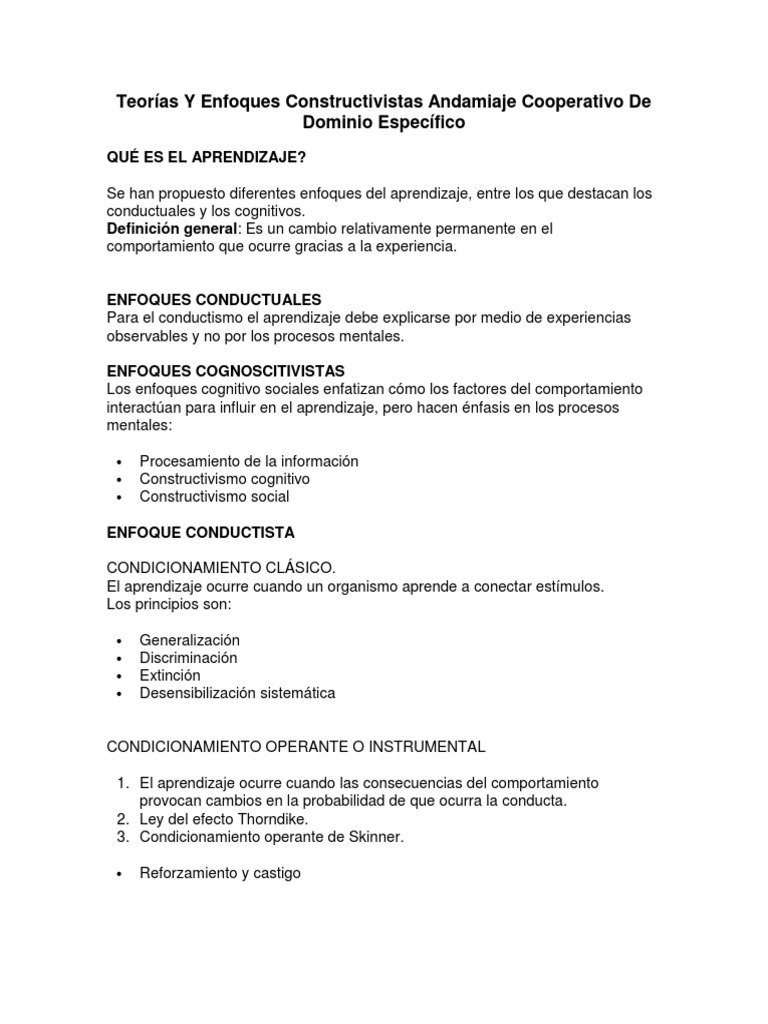 Teorías Y Enfoques Constructivistas Andamiaje Cooperativo de Dominio Especifico | PDF ...
