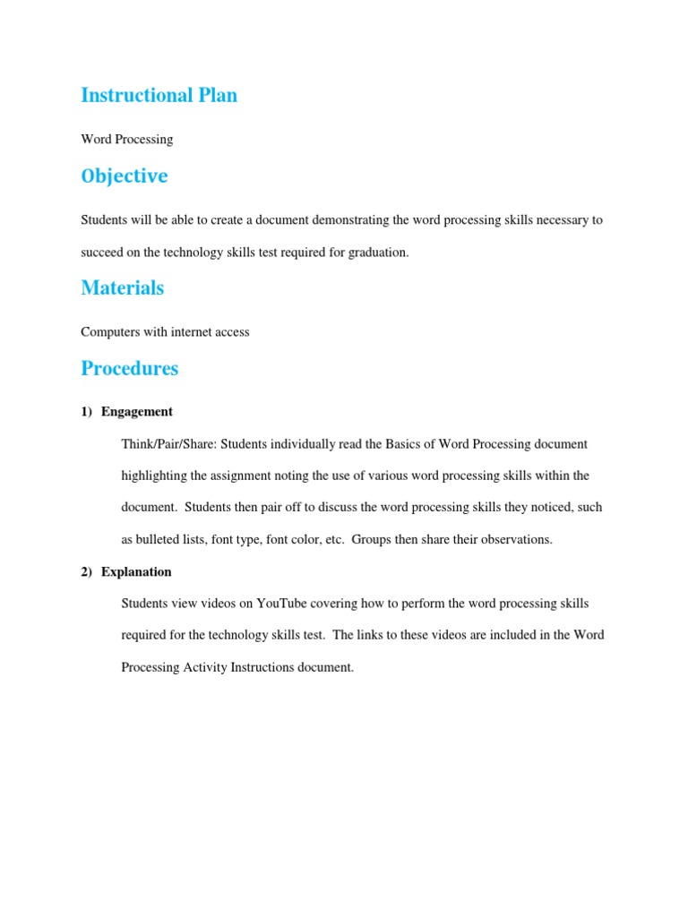Instructional Plan - Word Processing | PDF | Word Processor | Learning
