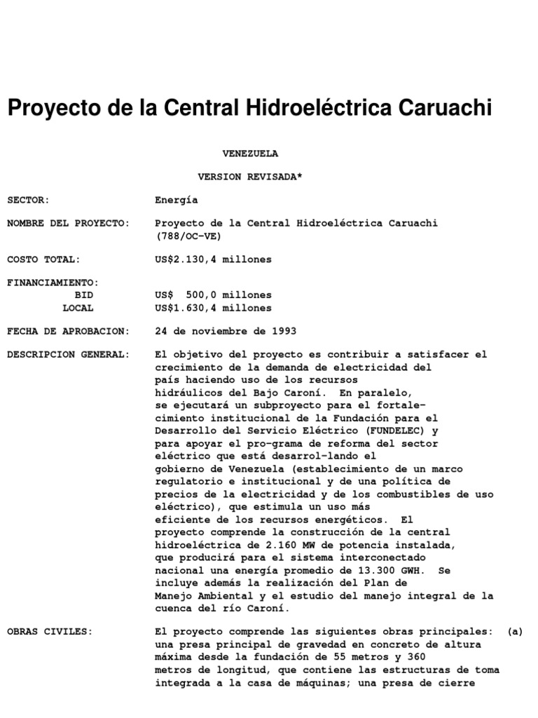 Proyecto de La Central Hidroelectrica Caruachi | PDF | Represa | Venezuela