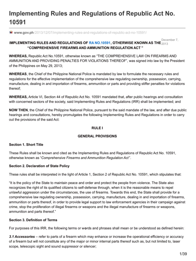 IRR of Republic Act 10591 | Cartridge (Firearms) | Semi Automatic Firearm