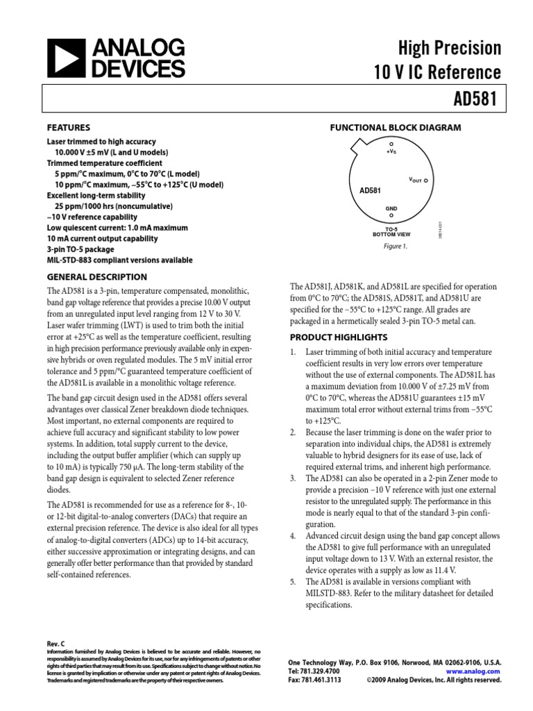 High Precision 10 V IC Reference AD581: Features Functional Block ...