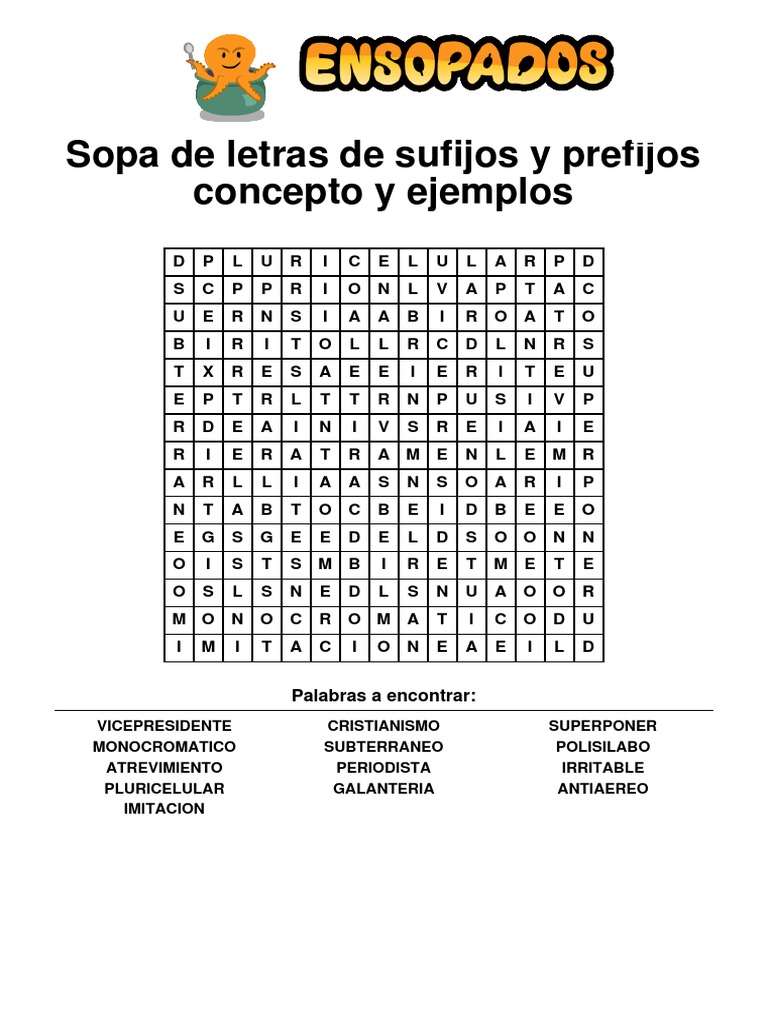 Sopa de Letras de Sufijos y Prefijos Concepto y Ejemplos | Descargar ...