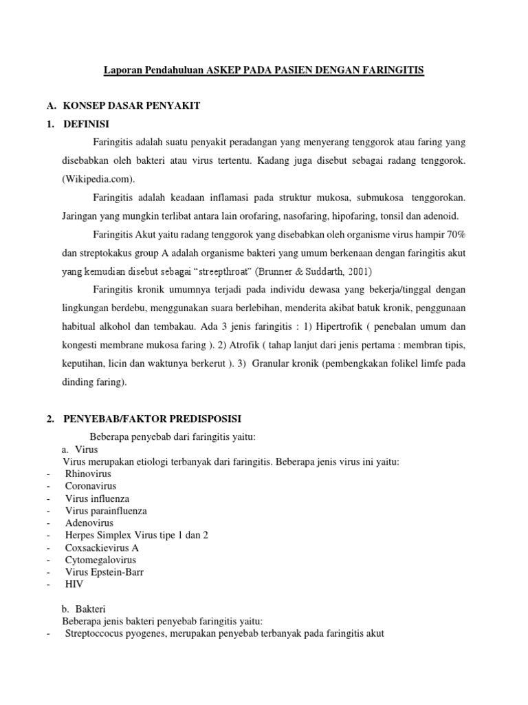 Laporan Pendahuluan Askep Pada Pasien Dengan Faringitis | PDF