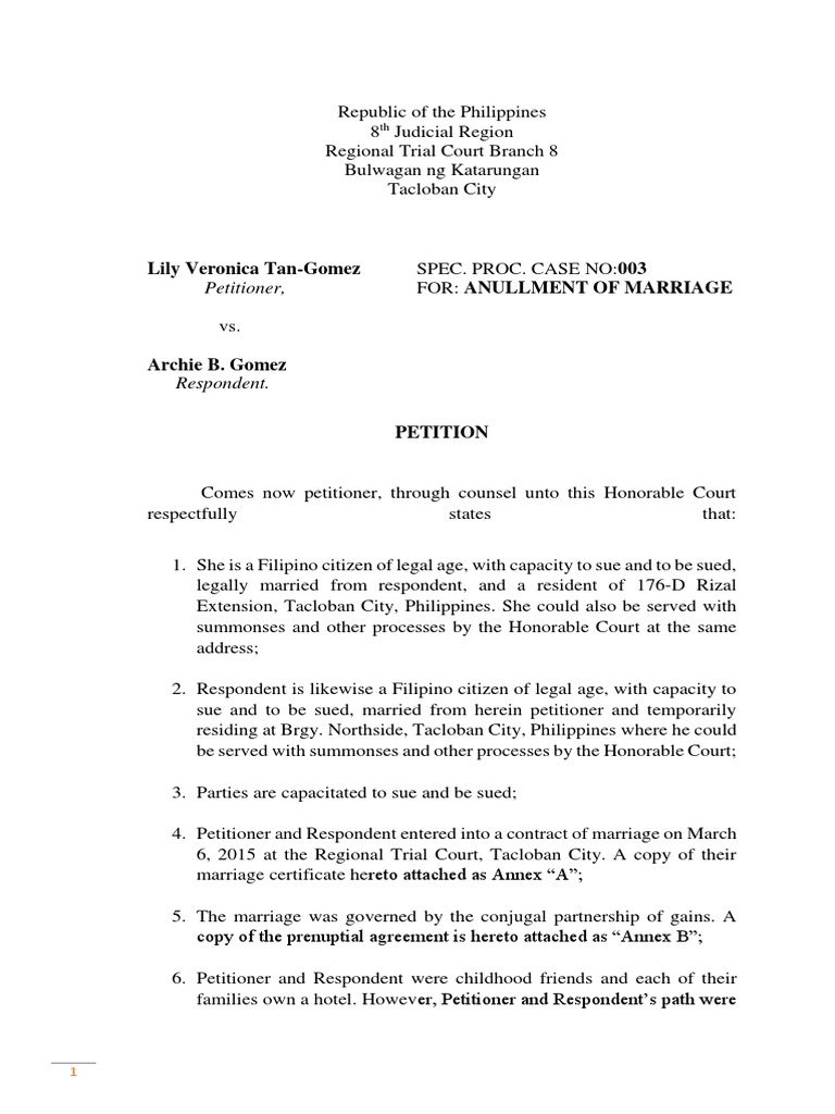Petition For Annulment | PDF | Marriage | Virtue