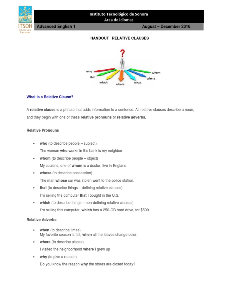 Handout Relative Clauses | PDF | English Language | Clause