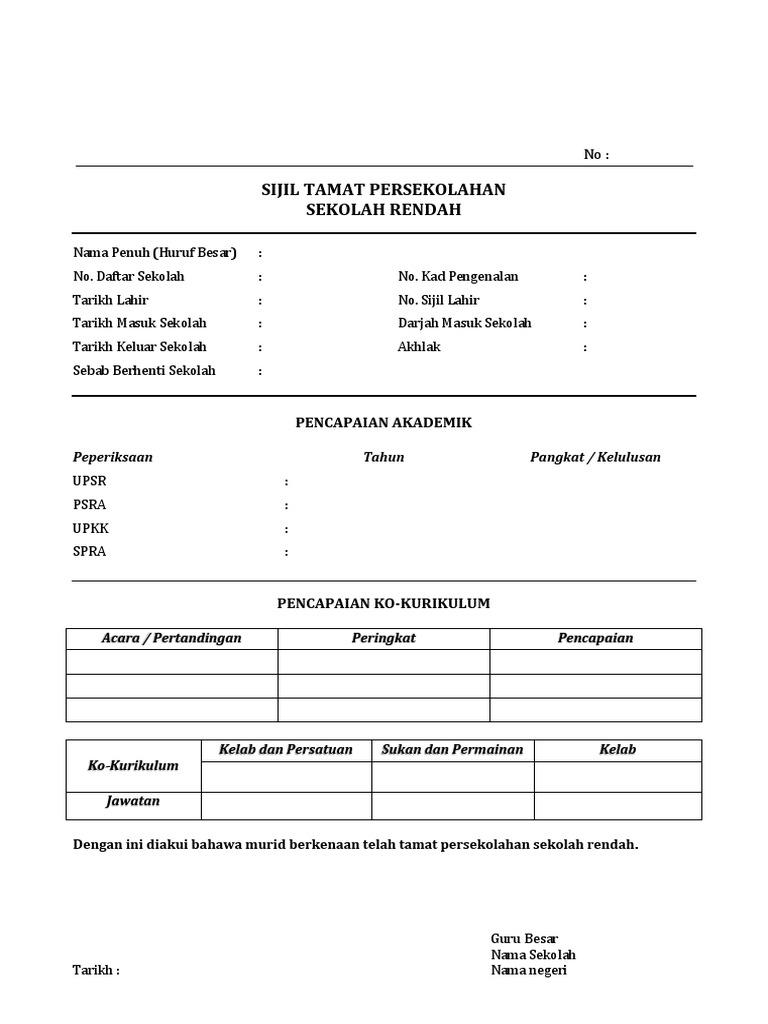 Template Sijil Tamat Persekolahan | PDF