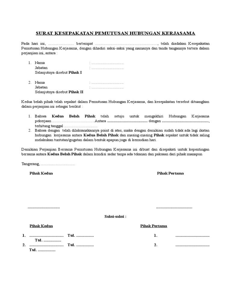 Surat Pemutusan Hubungan Kerjasama | PDF