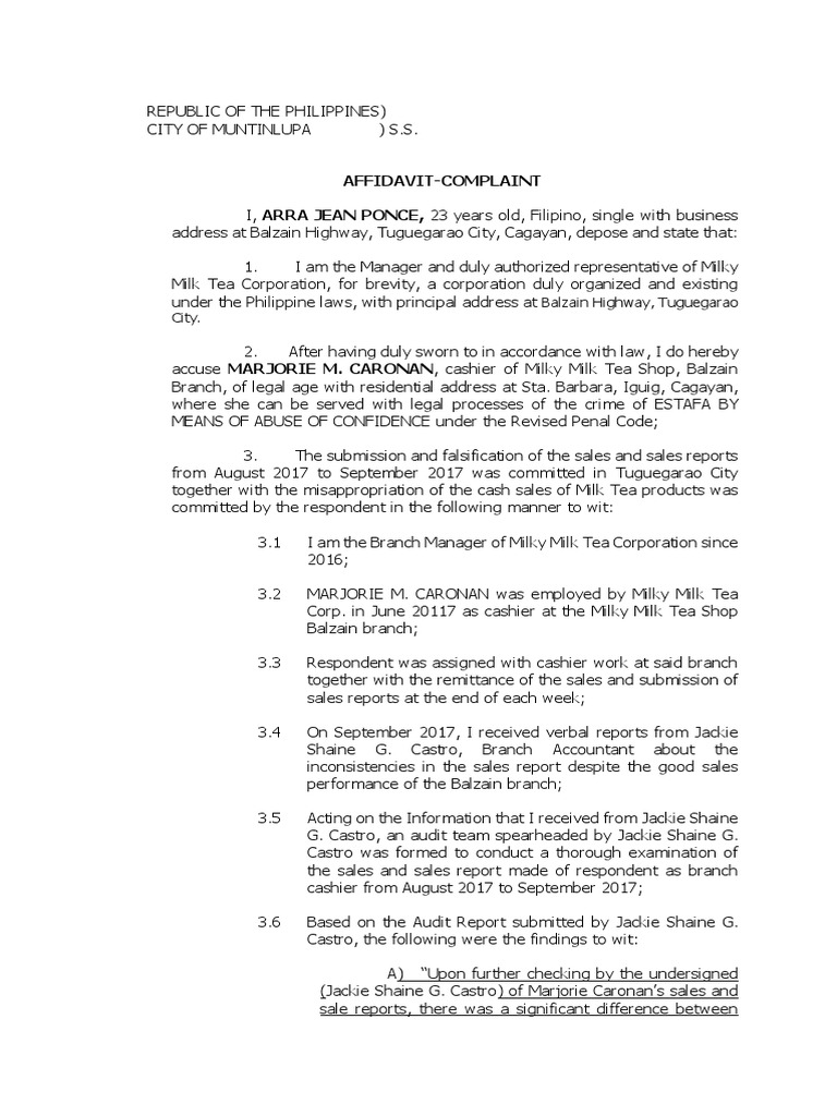 Sample Complaint Affidavit For Estafa Case (ARRA) | PDF | Affidavit | Government Information