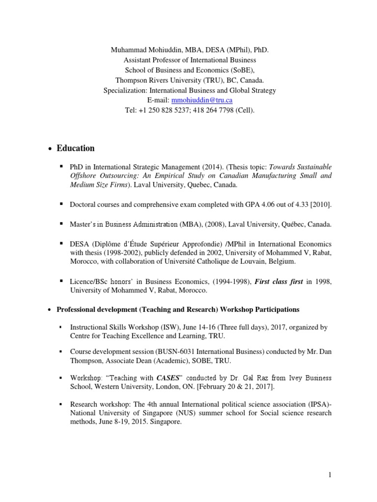 CV Muhammad Mohiuddin MNT | PDF | Master Of Business Administration ...