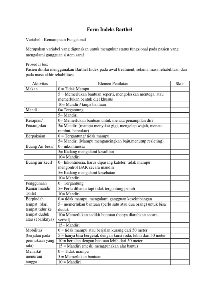Formulir Penilaian Indeks Barthel | PDF