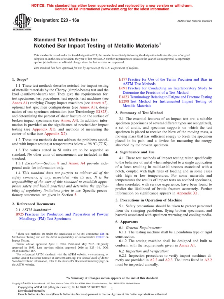 Notched Bar Impact Testing of Metallic Materials: Standard Test Methods ...