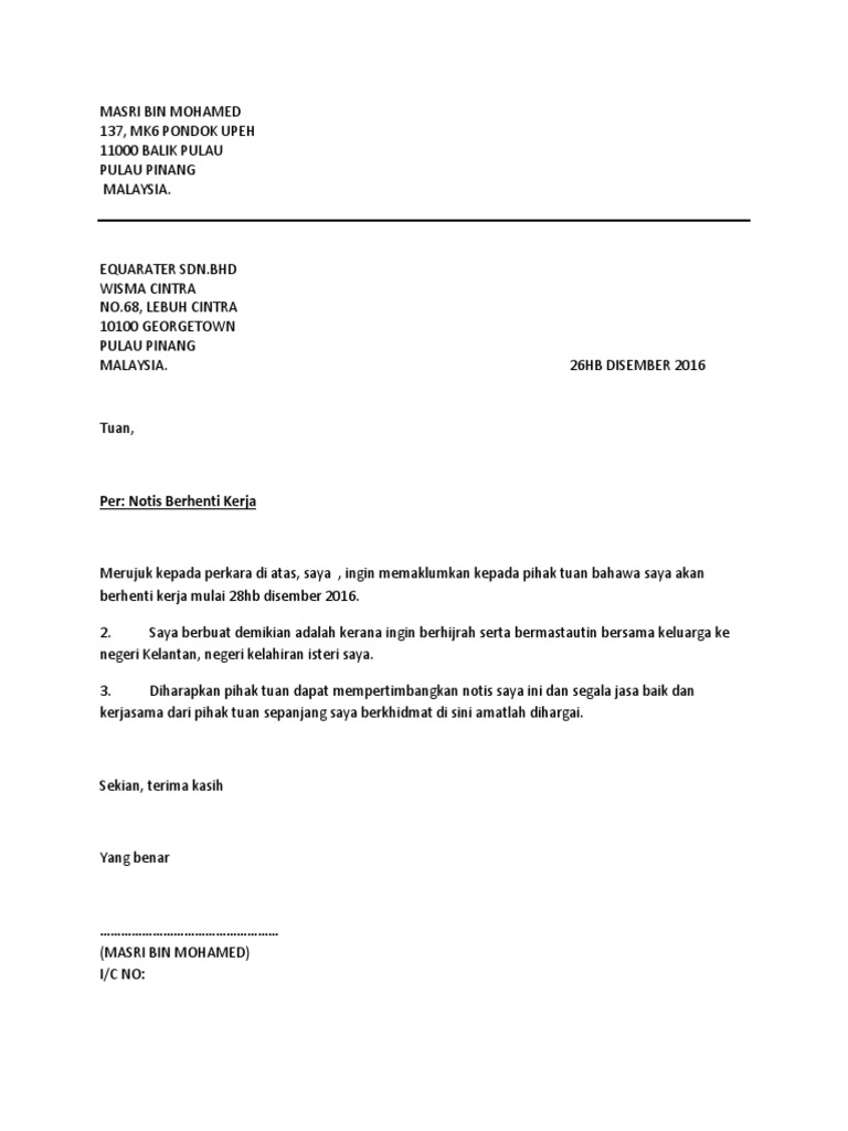 Contoh Surat Berhenti Kerja Notis Sebulan Pdf