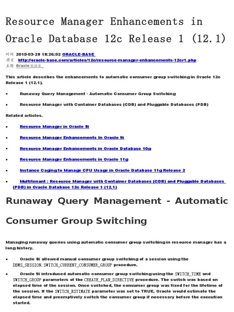 Resource Manager Enhancements In-12c | PDF | Information Retrieval | Data