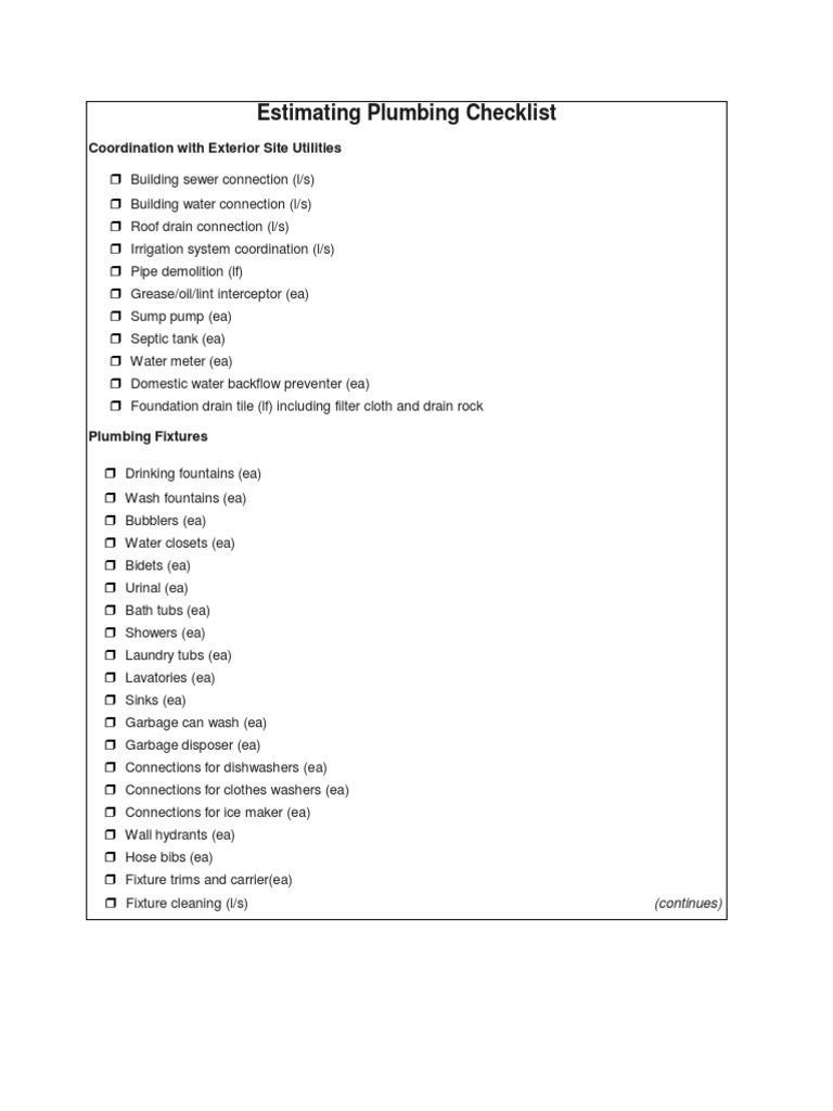 Plumbing Estimating Checklist | PDF | Plumbing | Hydraulics