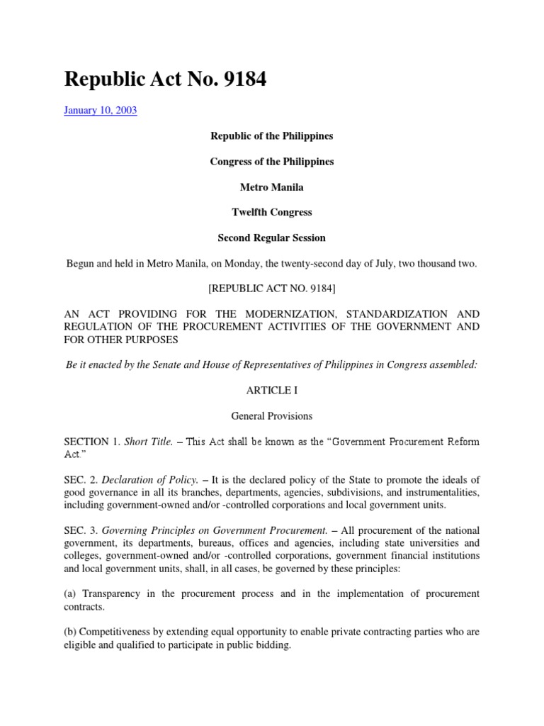 Republic Act No 9184 | PDF | Procurement | Construction Bidding
