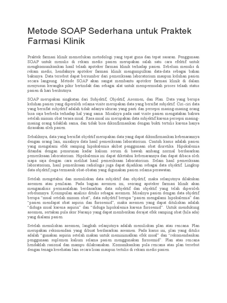Metode SOAP Sederhana Untuk Praktek Farmasi Klinik | PDF