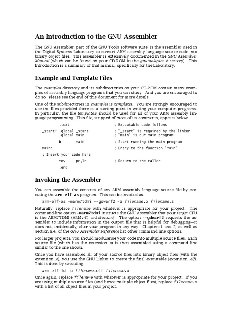An Introduction To The GNU Assembler: Example and Template Files | PDF | Assembly Language ...