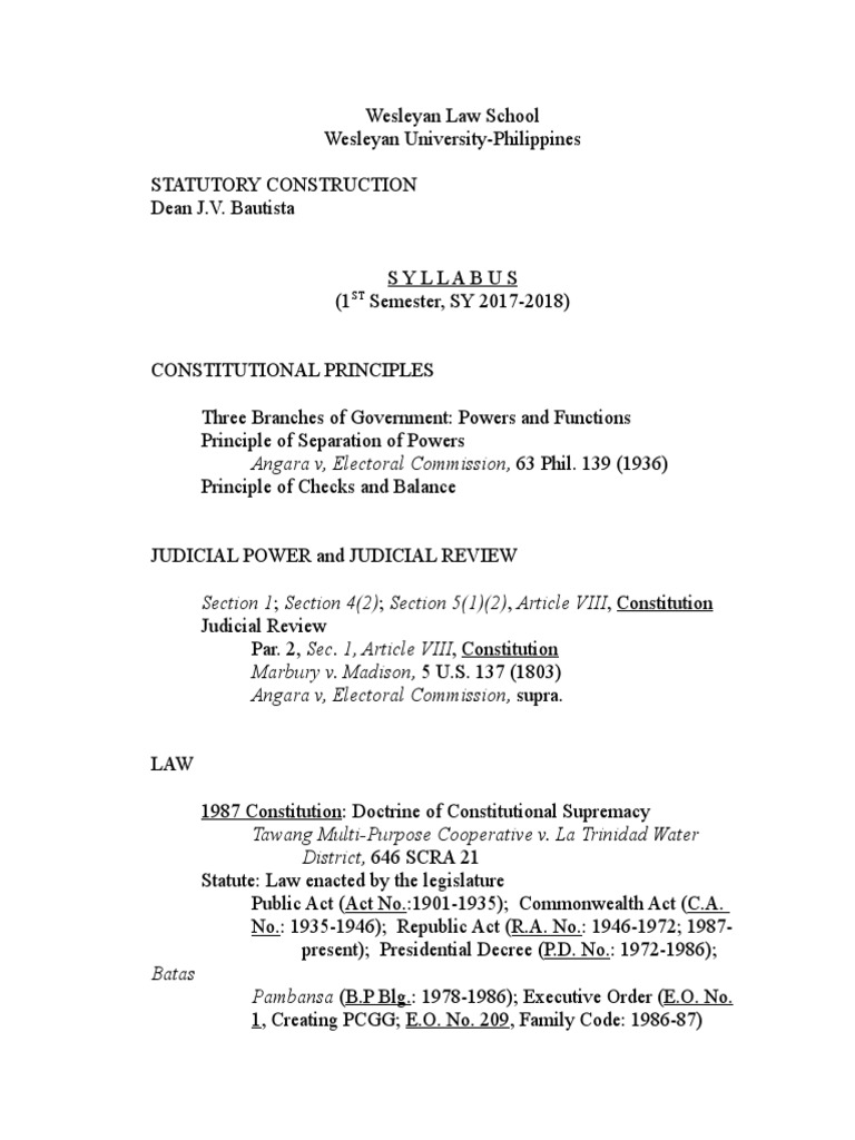 Statutory Construction Syllabus 2017-2018 | PDF | Statutory ...