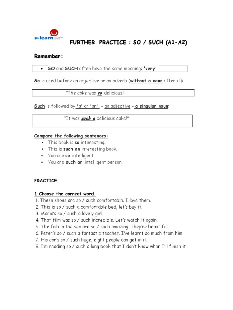 So Such A/ AN Adjective Worksheet | PDF