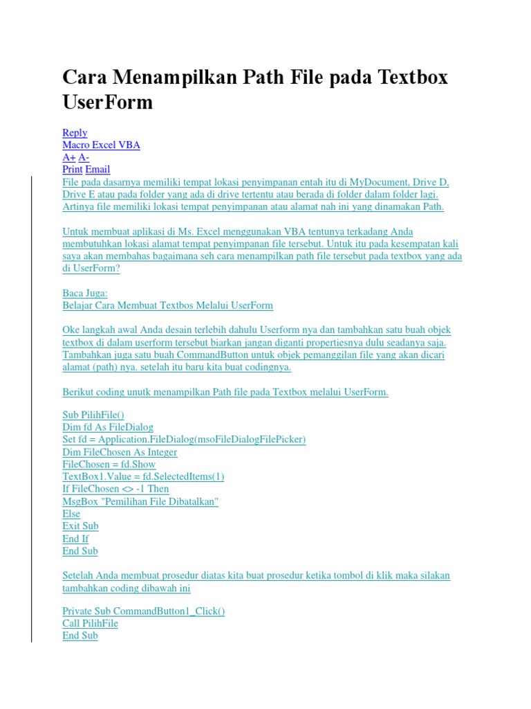 Cara Menampilkan Path File Pada Textbox UserForm | PDF