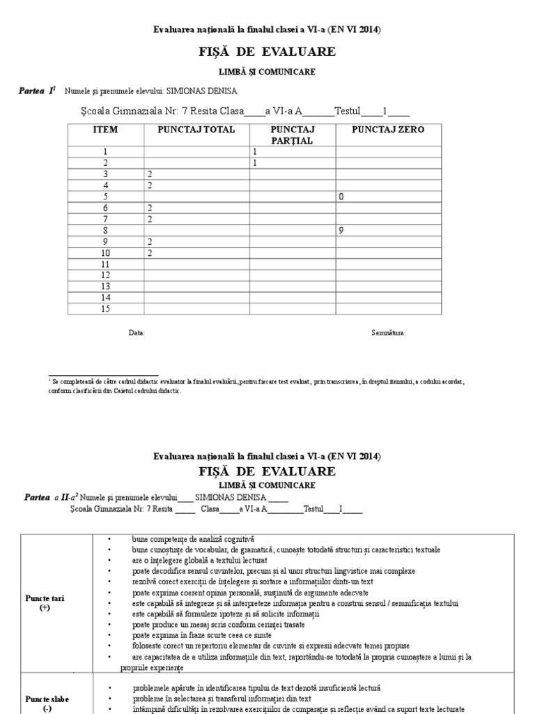 Fise Evaluare Clasa VI A