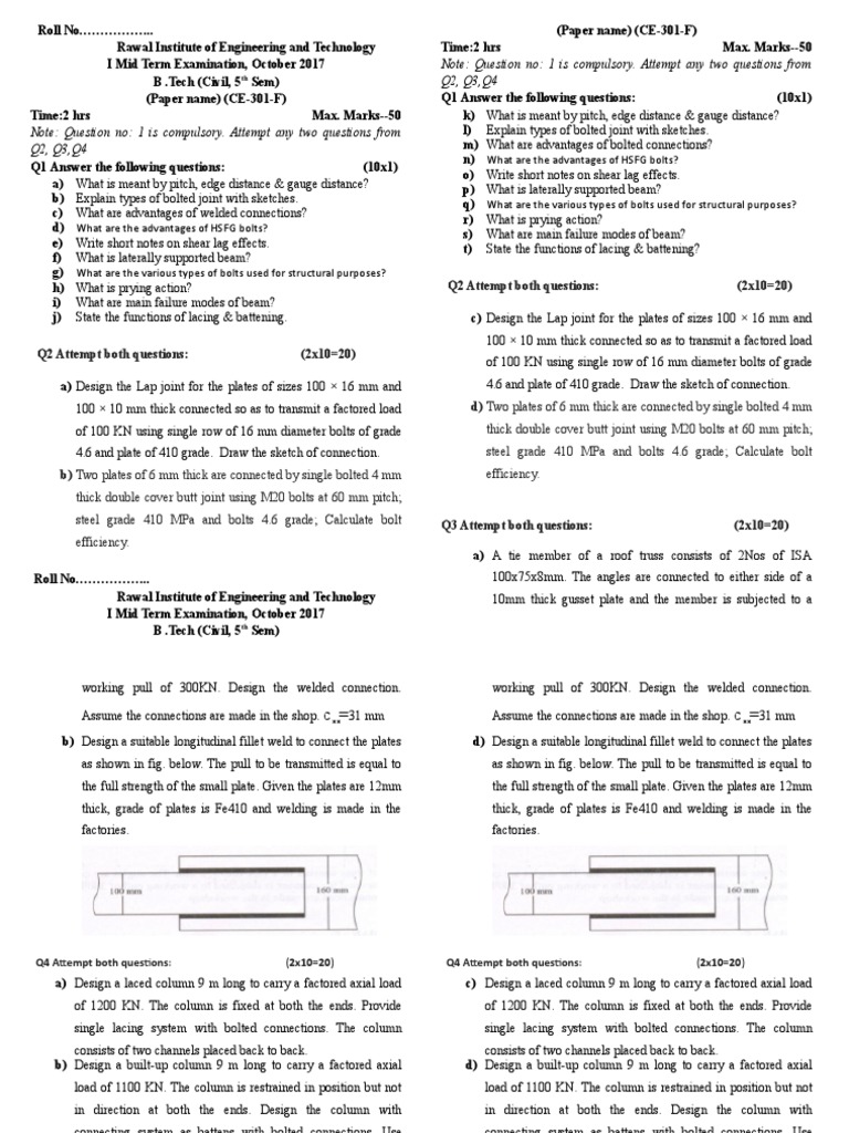 Civil Engineering Exam Paper 2017 | PDF | Column | Screw