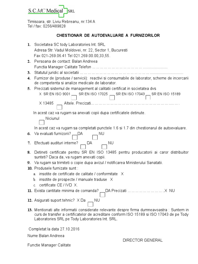 Chestionar Autoevaluare Furnizori | PDF