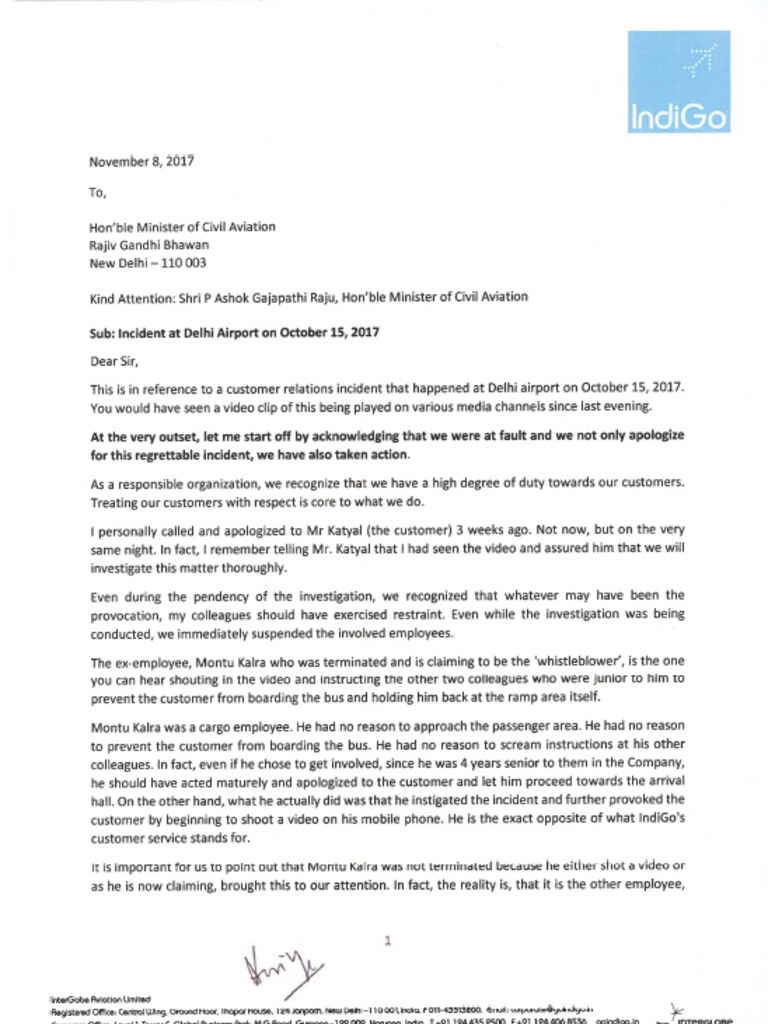 IndiGo Letter - 081117-2 | PDF
