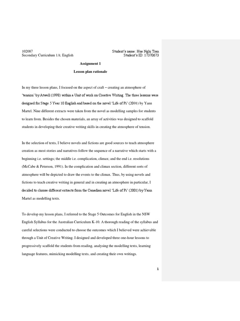 English 1a - Assignment 01 | PDF | Curriculum | Creativity