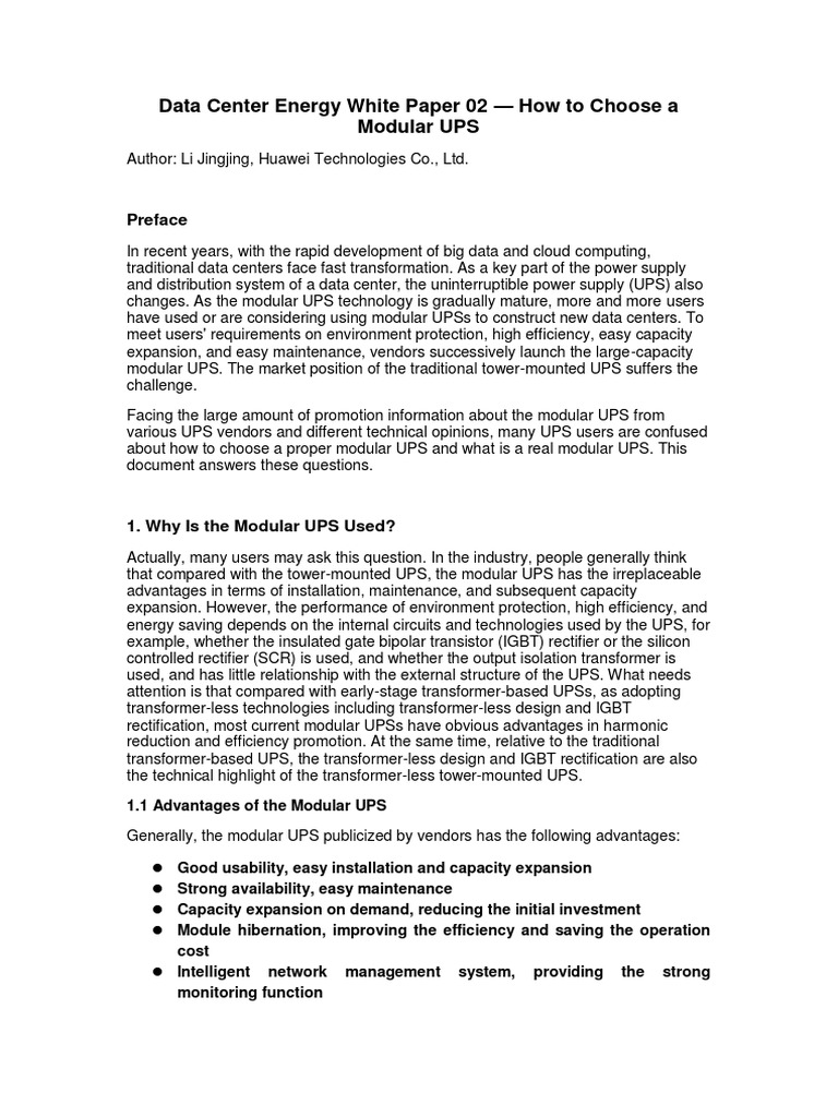 (Data Center Energy White Paper 02) How To Choose A Modular UPS | PDF ...