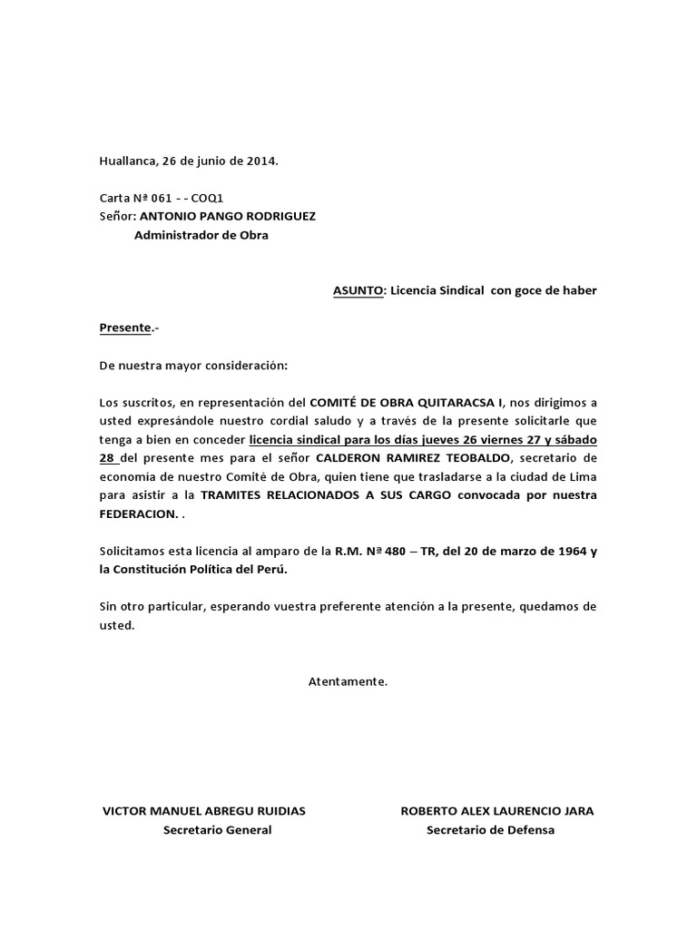 Modelo de Solicitud - Sindicato | PDF