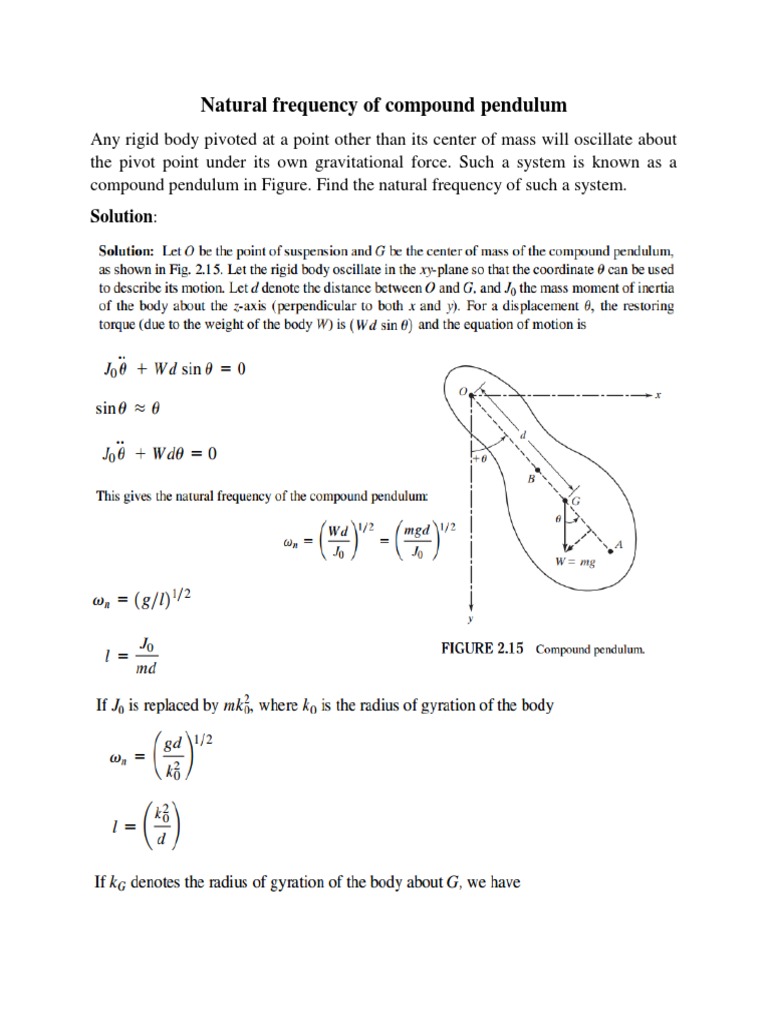 Natural Frequency of Compound Pendulum: Solution | PDF