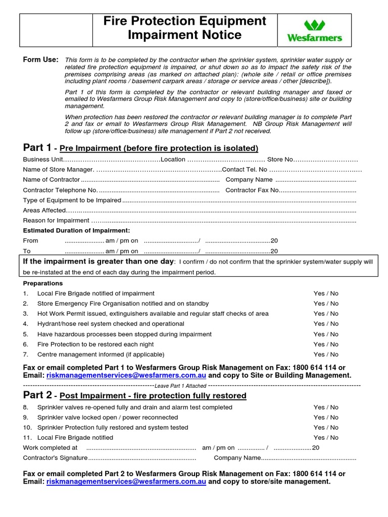 Fire Protection Equipment Impairment Notice | PDF | Fire Sprinkler ...