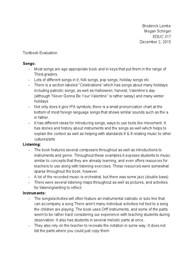 Elementary General Music Textbook Evaluation | PDF | Performing Arts ...