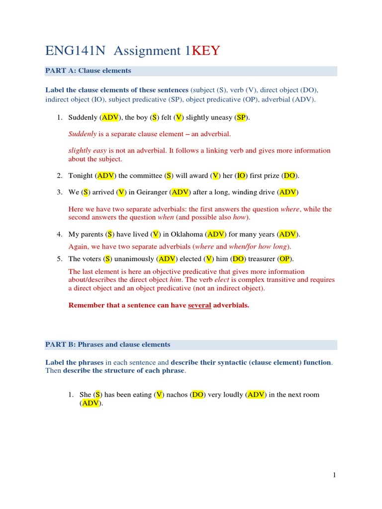 Assignment 1 KEY | PDF | Adverb | Verb