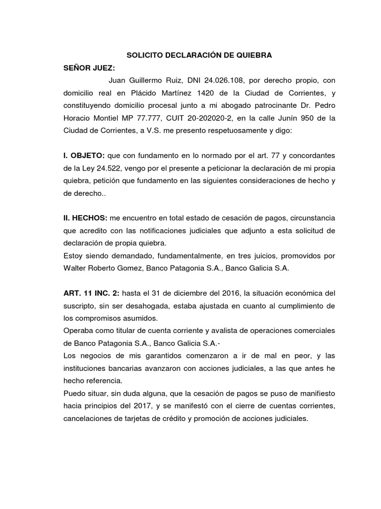 02 - Pedido Deudor - Solicito Declaracion de Quiebra | PDF | Bancarrota | Bancos