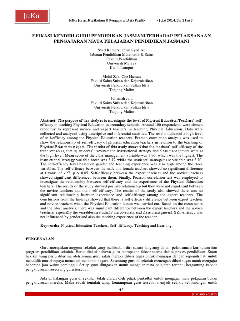 Efikasi Kendiri Guru Pendidikan Jasmani Terhadap Pelaksanaan Pengajaran Mata Pelajaran ...