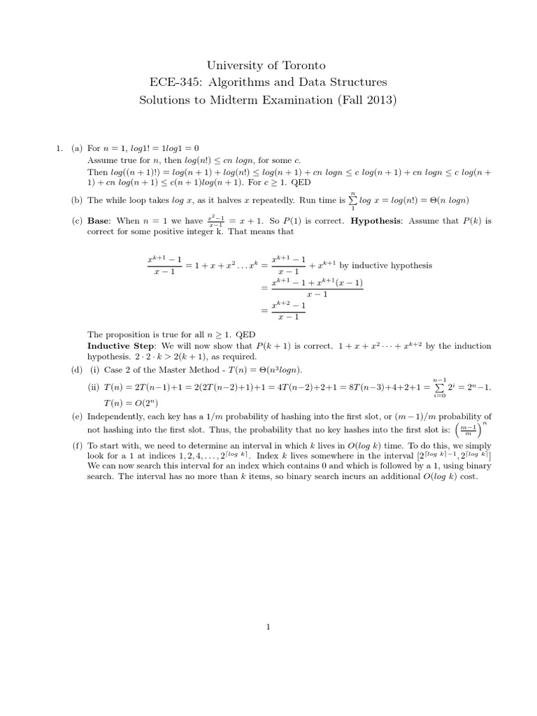 University of Toronto ECE-345: Algorithms and Data Structures Solutions To Midterm Examination ...