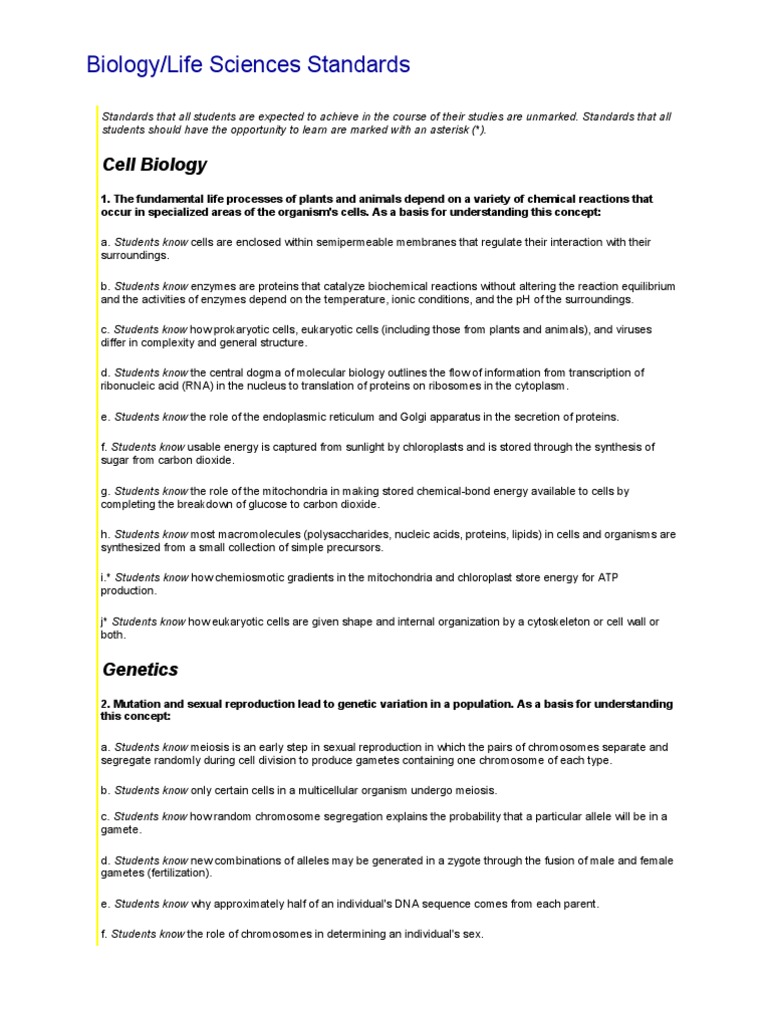 Biology Life Sciences Standards Overview | PDF | Genetics | Cell (Biology)